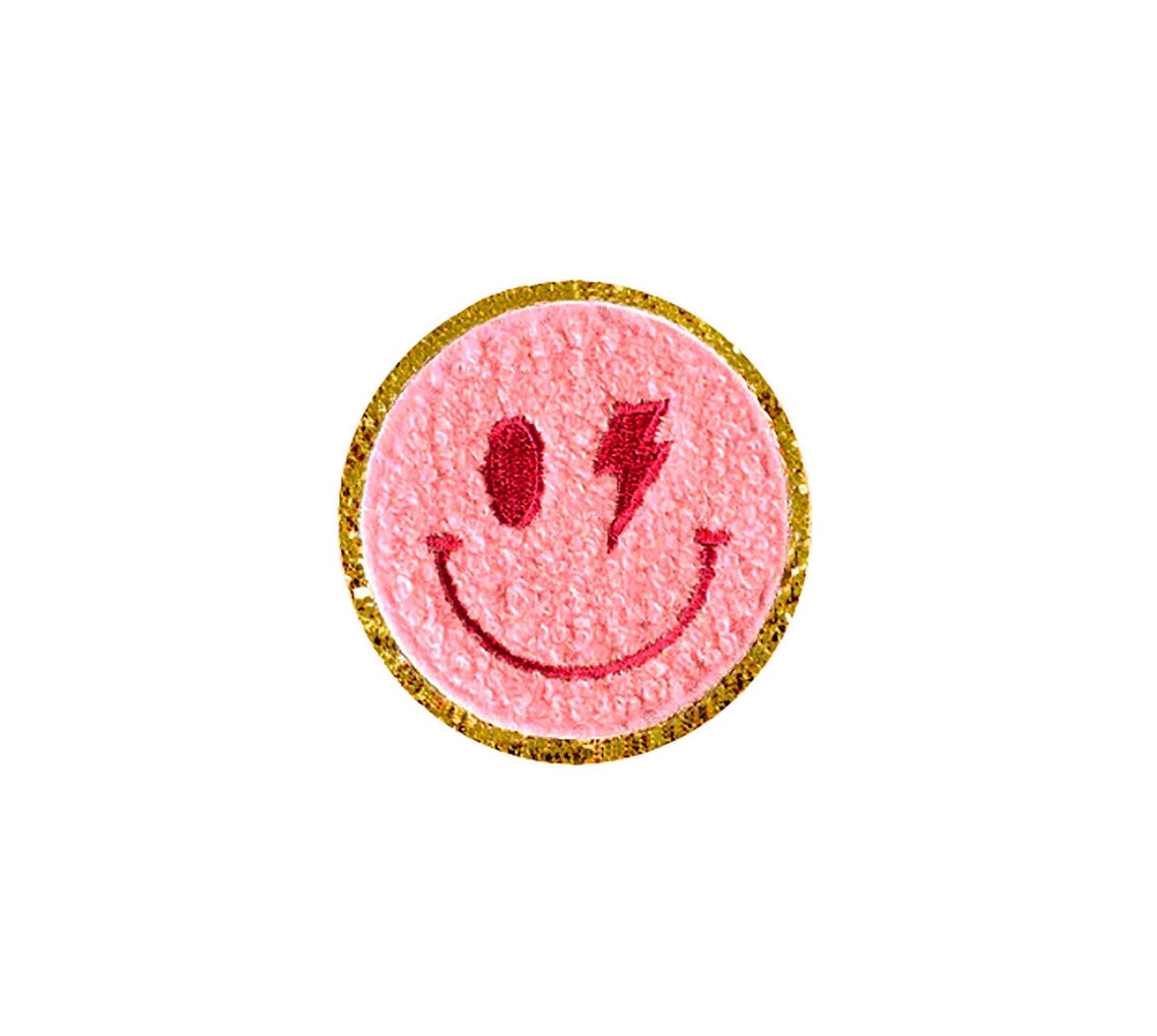 Smiley Face Varsity Patch | Gold Glitter Pink Chenille Iron-on Applique ...