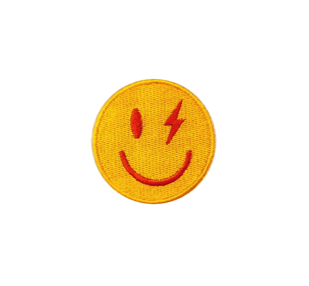 Yellow Smiley Face Patch Kawaii Lightning Bolt Happy Face Iron-on ...