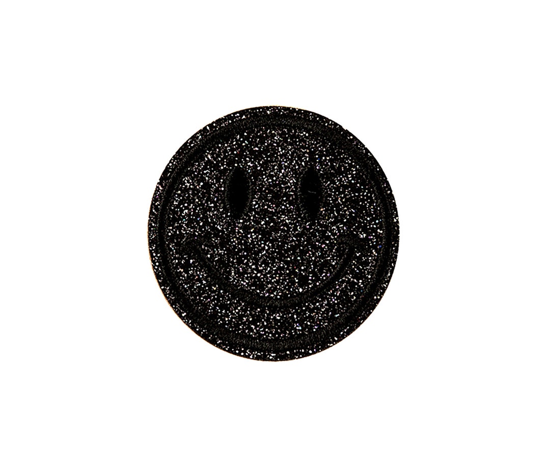 Glitter Black Monochrome Smiley Patch | Kawaii Sparkle Happy Face Iron ...