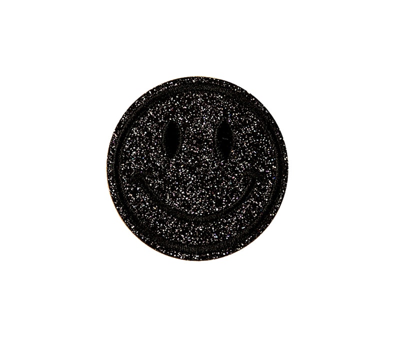 Glitter Black Monochrome Smiley Patch Kawaii Sparkle Happy Face Iron-on Applique Goth Girl Emoji ...