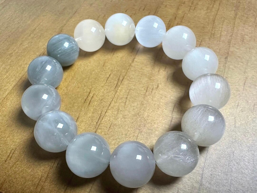 Natural Blue Gray and White Rabbit Hair Rutilated Quartz Bead Bracelet ...