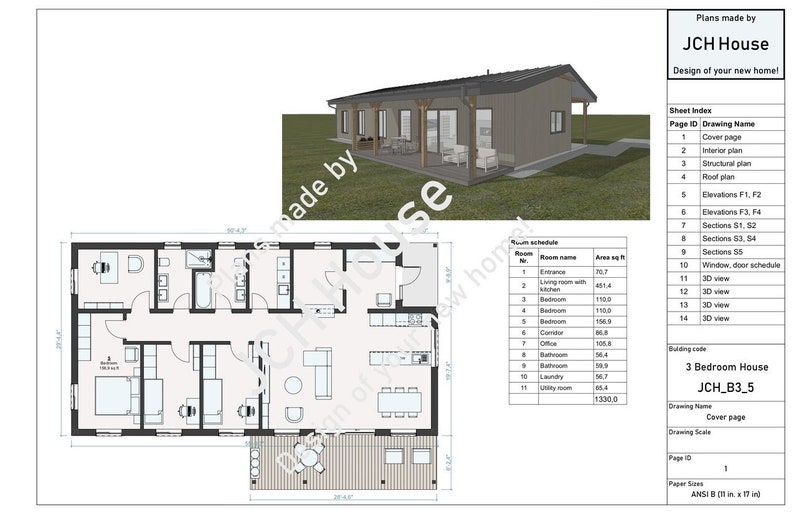 Modern House Plan 3 Bedroom, Floor Plan Drawings, One Story Cabin - Etsy