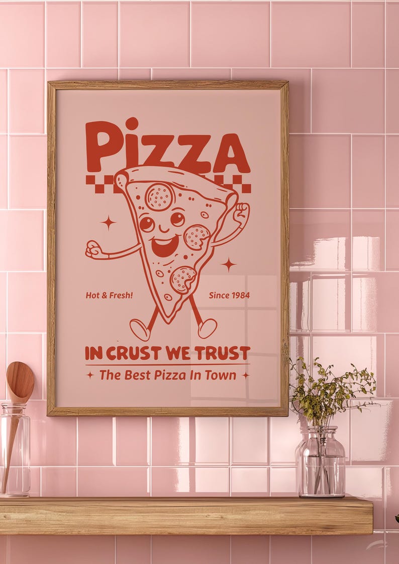 Retro Pizza Mascot Print: Pink Kitchen Wall Art (digital Download) - Etsy