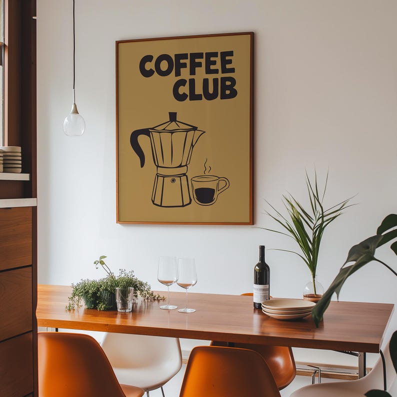 Coffee Club Print: Retro Espresso Machine Art, Mustard Yellow (digital ...