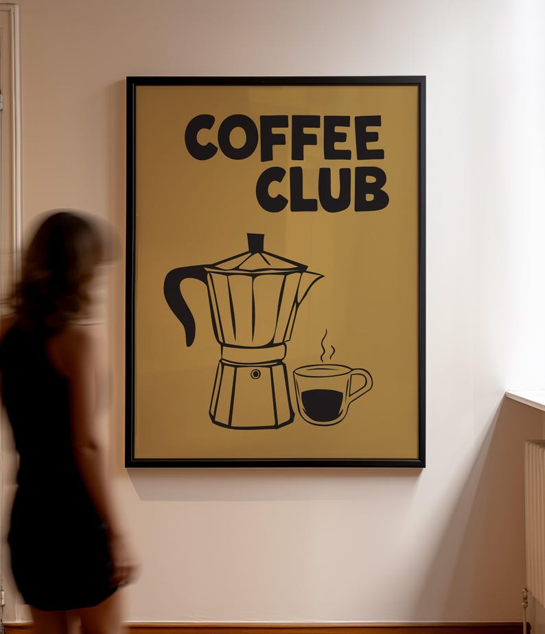 Coffee Club Print: Retro Espresso Machine Art, Mustard Yellow (digital ...