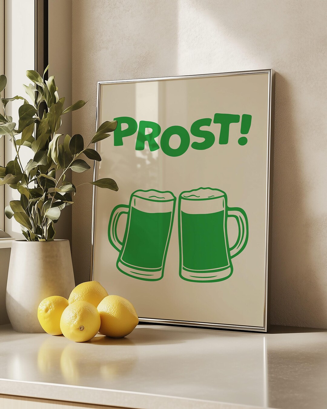 Retro Prost Beer Mug Print: Cheers Bar Cart Art, Green (digital ...