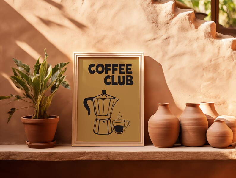 Coffee Club Print: Retro Espresso Machine Art, Mustard Yellow (digital ...