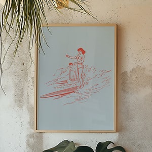 Vintage Surfing Girl Poster: Retro Beach Art Print, Orange on Blue ...