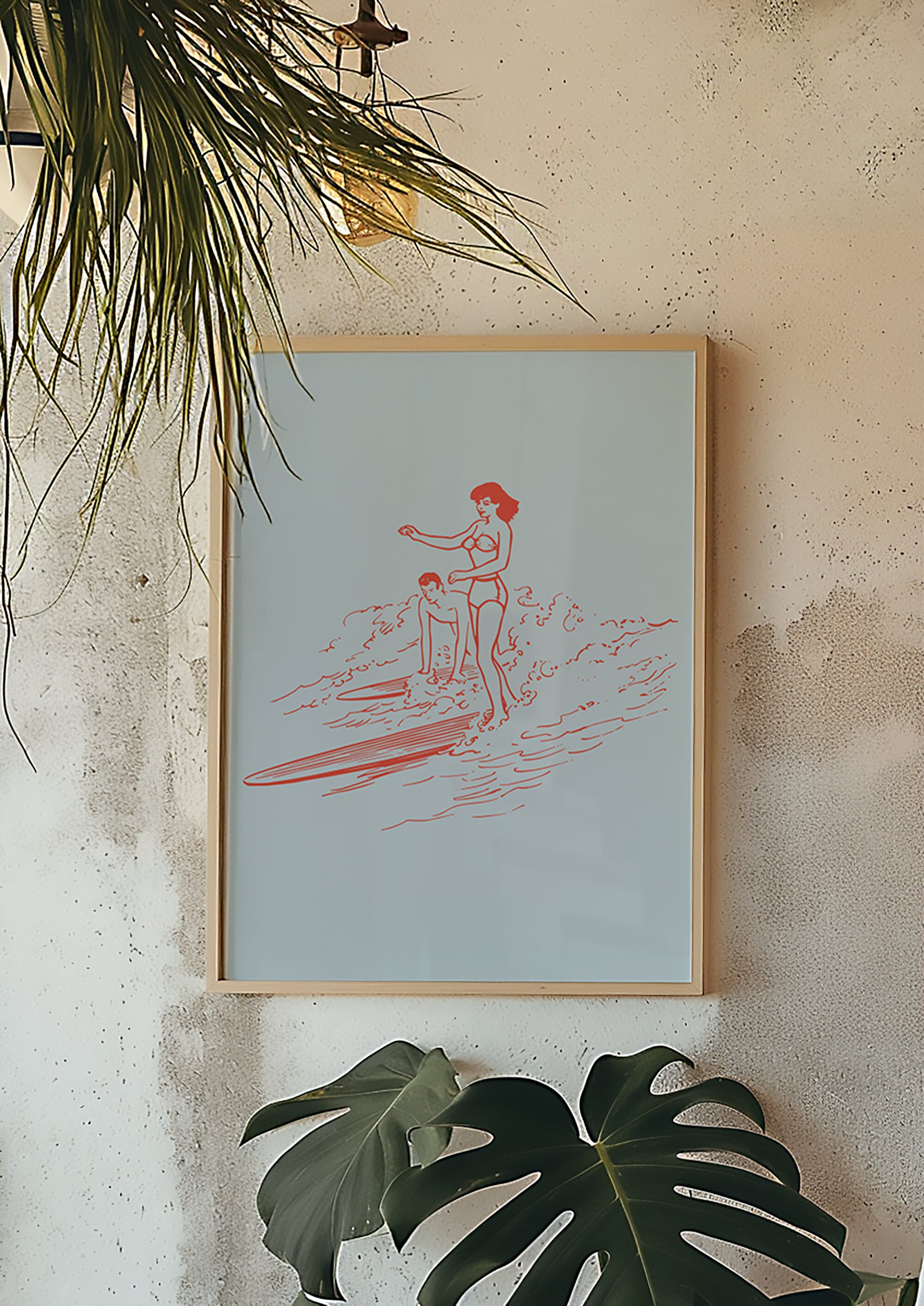 Vintage Surfing Girl Poster: Retro Beach Art Print, Orange on Blue ...