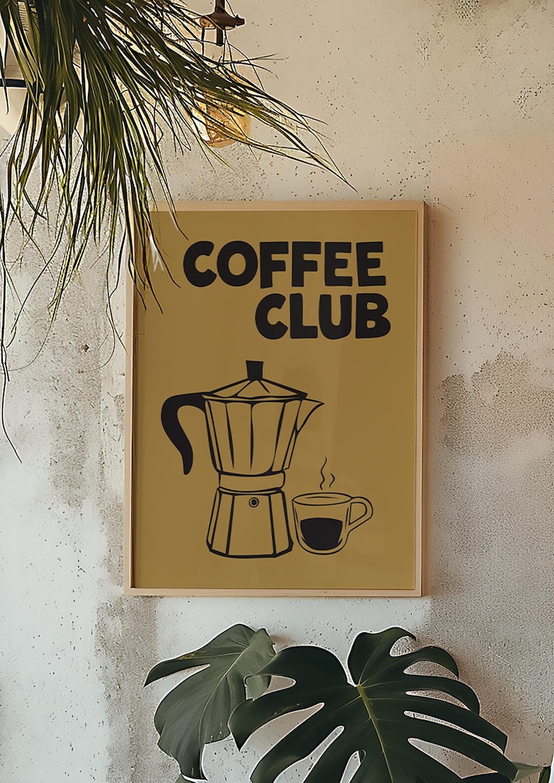 Coffee Club Print: Retro Espresso Machine Art, Mustard Yellow (digital ...