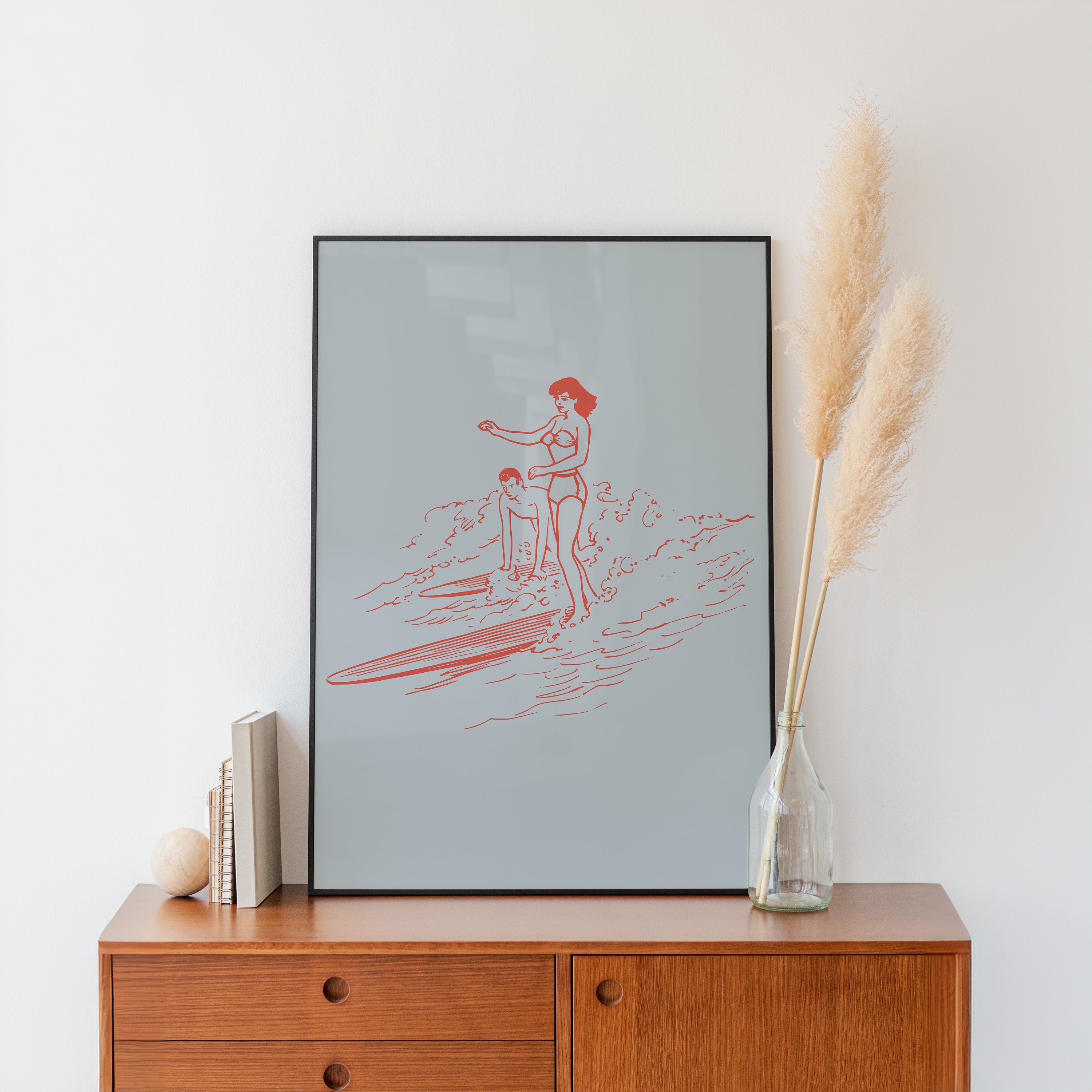 Vintage Surfing Girl Poster: Retro Beach Art Print, Orange on Blue ...