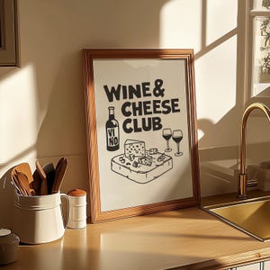 Wine and Cheese Club Print Black and White Retro Wine Poster Bar Cart ...