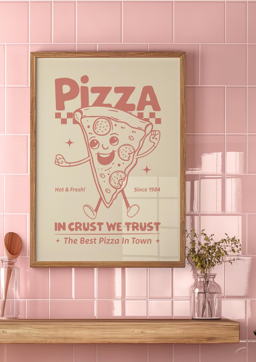 Pink Retro Pizza Artwork Old-school Cartoon Print Pizza Lover Decor ...