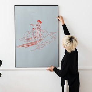 Vintage Surfing Girl Poster: Retro Beach Art Print, Orange on Blue ...