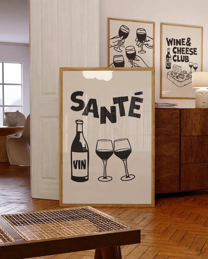 Santé Print Black and White Retro French Wine Poster Bar Cart Art Kitchen Printable Wine With ...