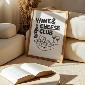 Wine and Cheese Club Print Black and White Retro Wine Poster Bar Cart ...