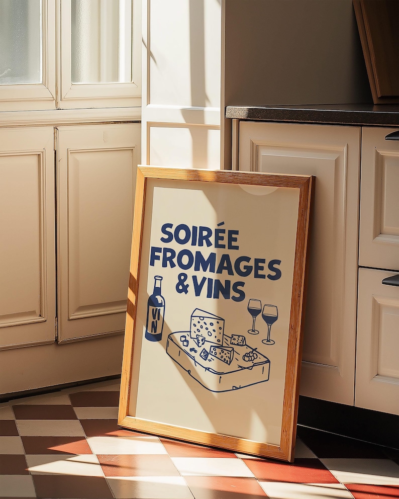 French Wine and Cheese Poster: Retro Kitchen Bar Cart Art (digital ...