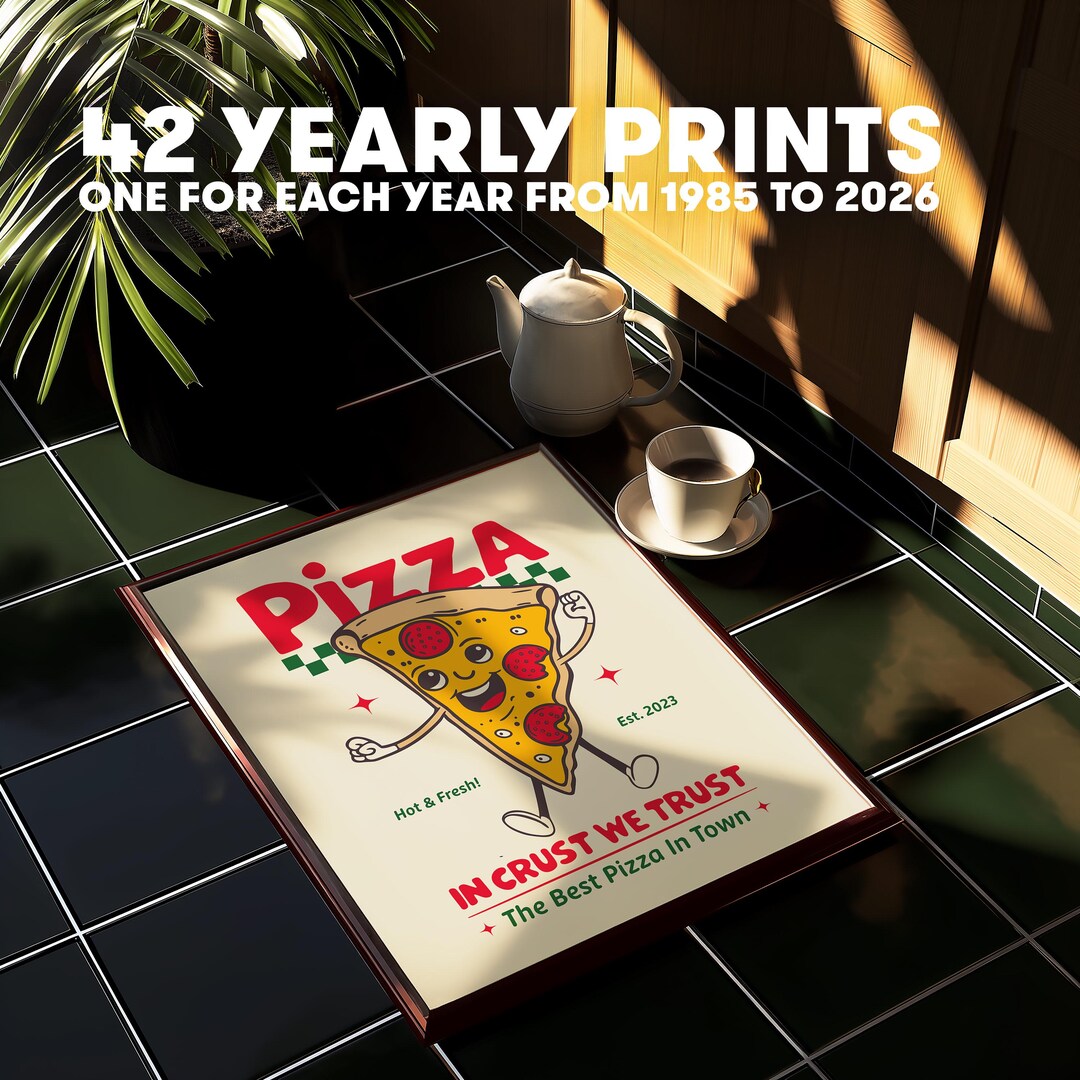 Retro Pizza Mascot Poster Pizzeria Est. 1985-2024 Yearly Printable Wall ...