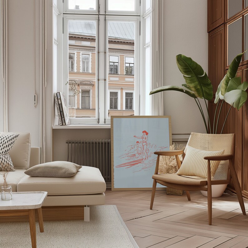 Vintage Surfing Girl Poster: Retro Beach Art Print, Orange on Blue ...