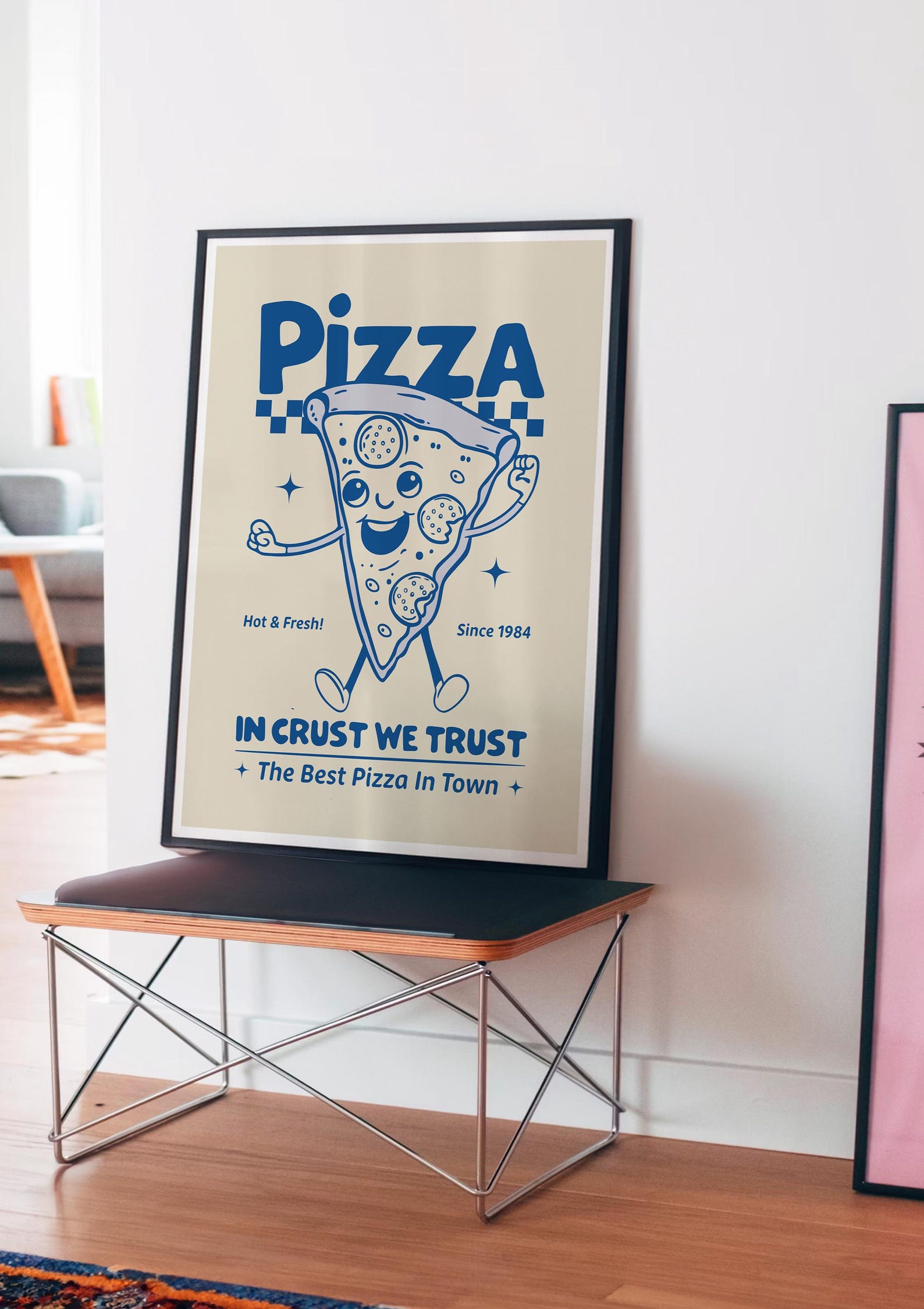 Retro Pizza Mascot Poster: "in Crust We Trust" Kitchen Art, Blue ...