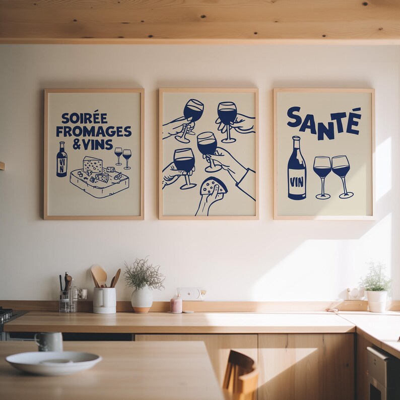 French Wine and Cheese Poster: Retro Kitchen Bar Cart Art (digital ...