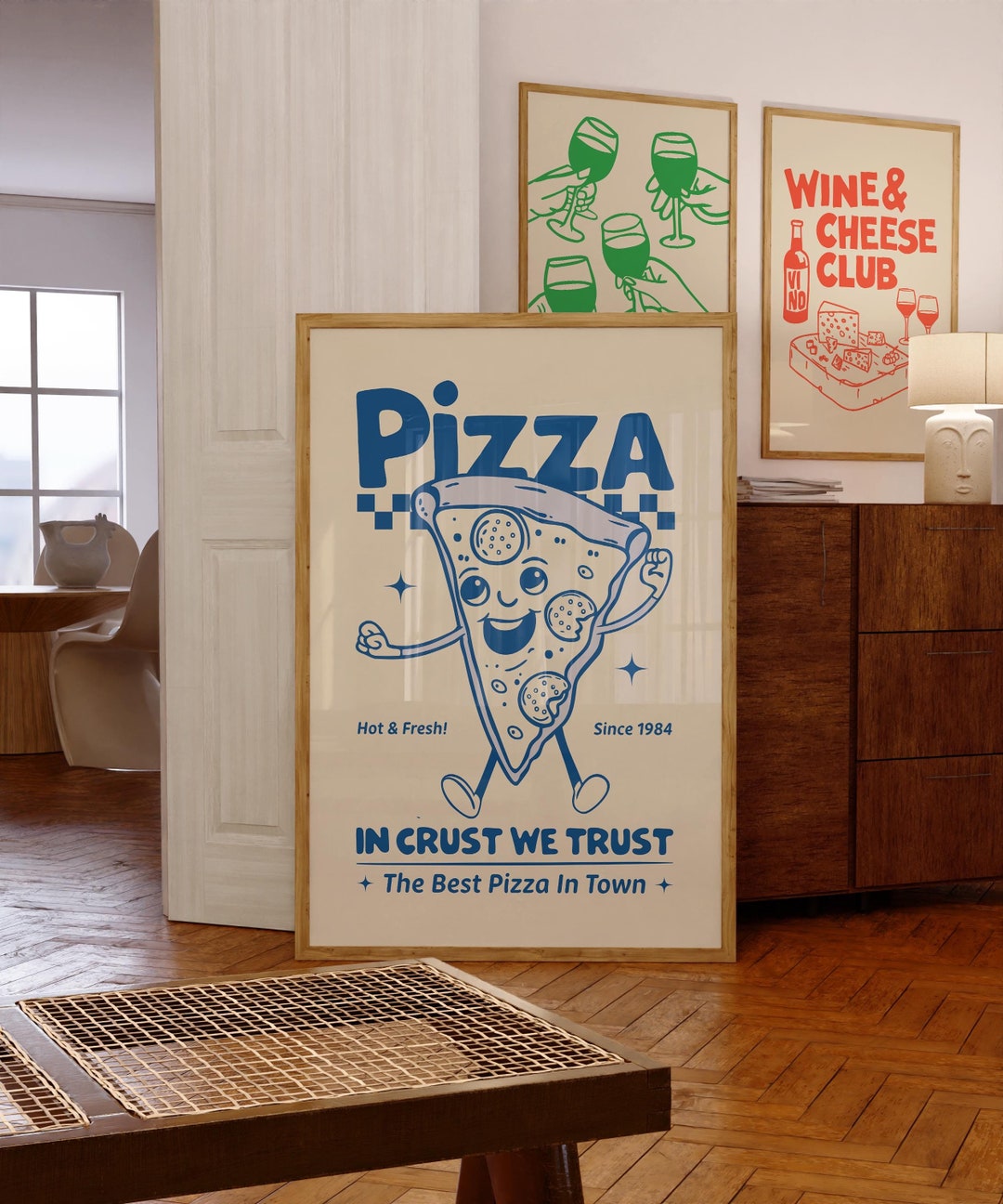 Retro Pizza Mascot Poster: "in Crust We Trust" Kitchen Art, Blue ...