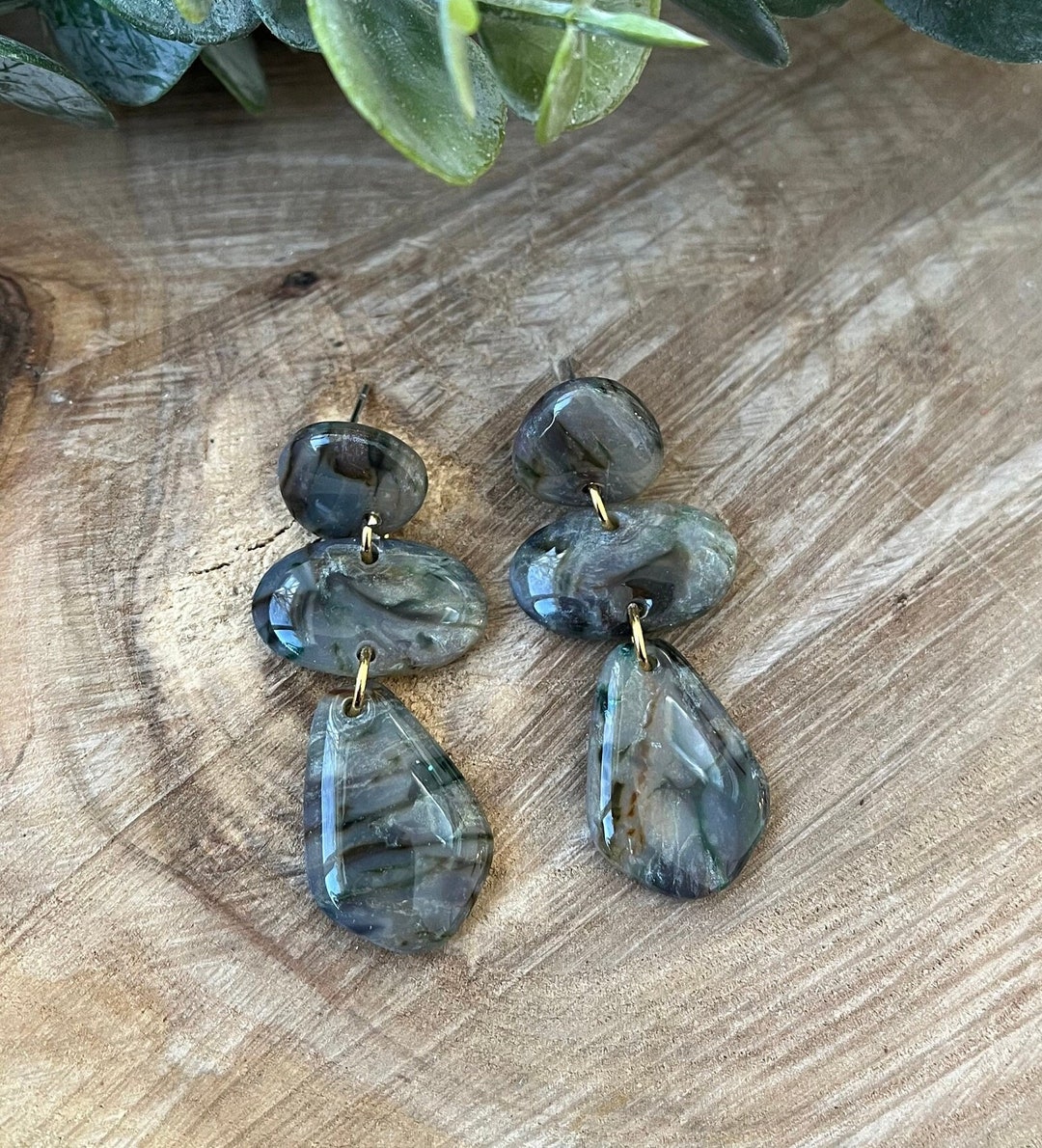 Forest Green Natural Polished Stone-look Polymer Clay Dangle Earrings, Moss Agate-look Geometric ...