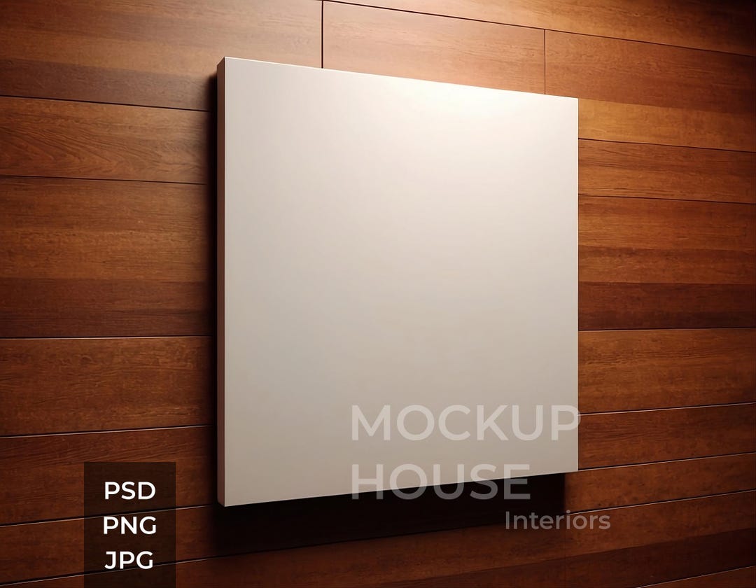 Blank White Square Canvas Interior Mockup, Paneled Wood Wall ...