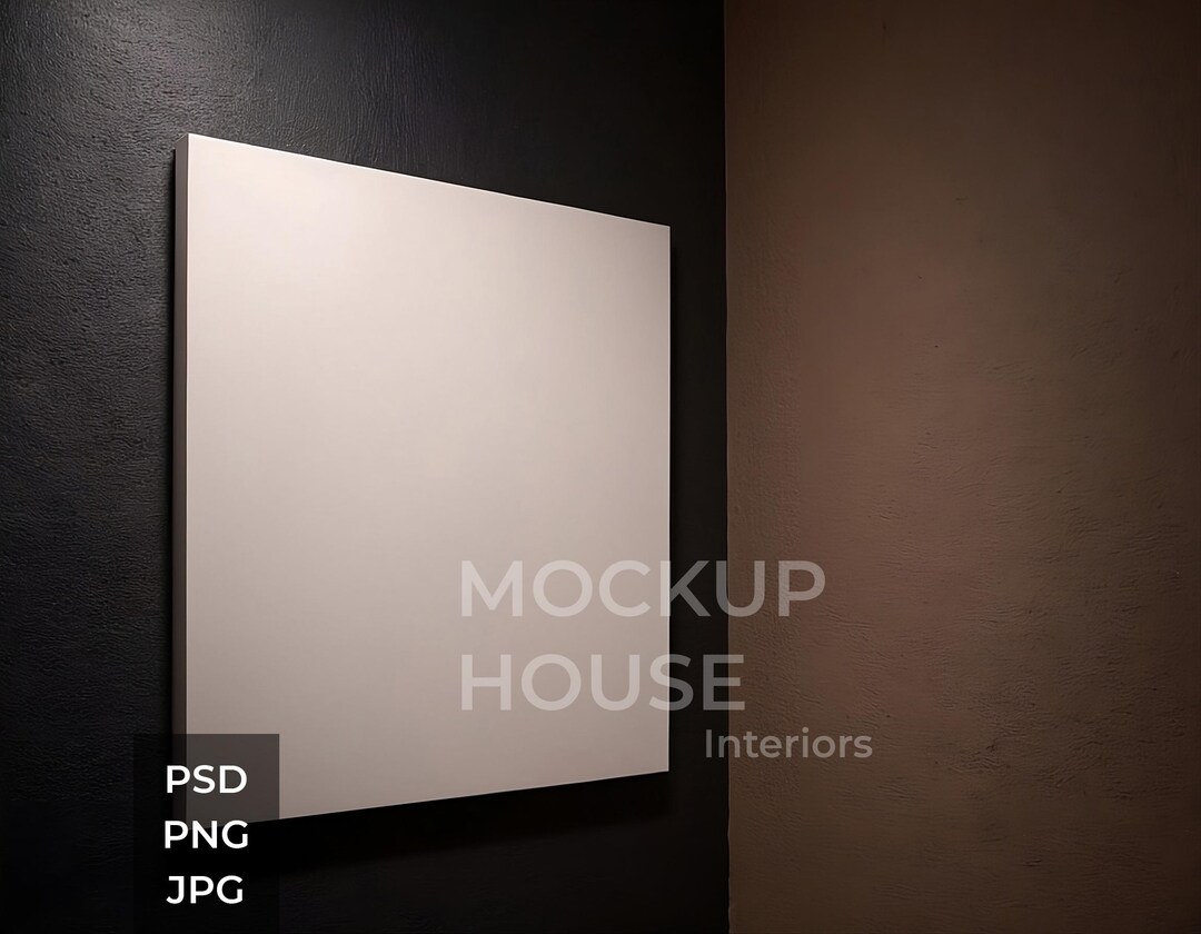 Blank White Square Canvas Interior Mockup, Black & Brown Wall Room ...