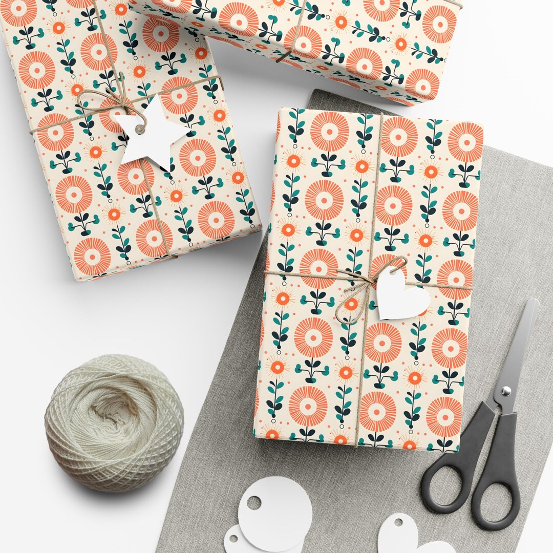 Retro 60s-70s Style Orange and Green Floral Wrapping Paper | Vintage ...