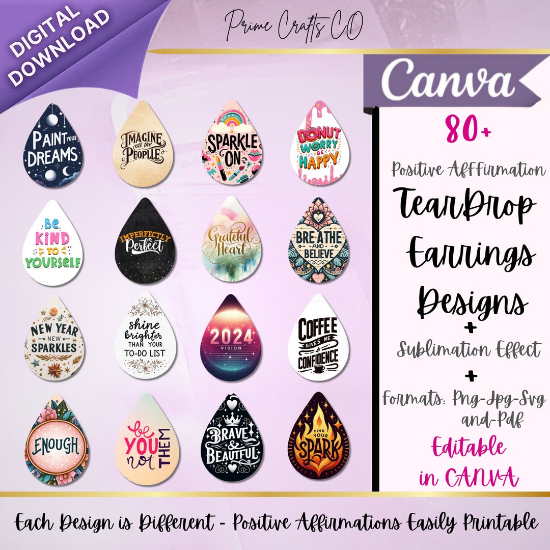 80 Positive Affirmation Teardrop Designs, Sublimation Teardrop Earring ...