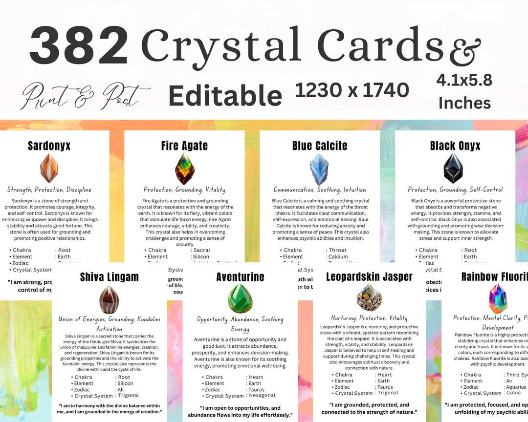 Crystal Meaning Cards Bundle | Editable Printable Crystal Information ...