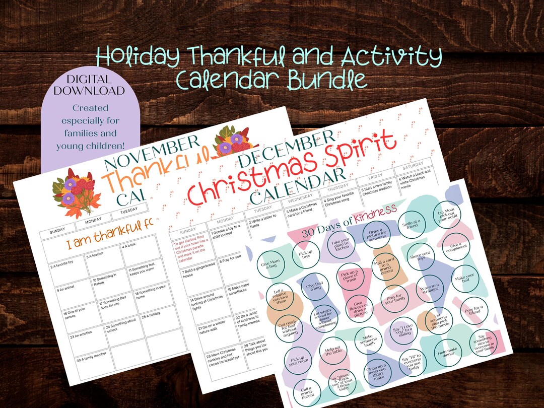 Printable Holiday Thankful and Activity November and December Calendar ...