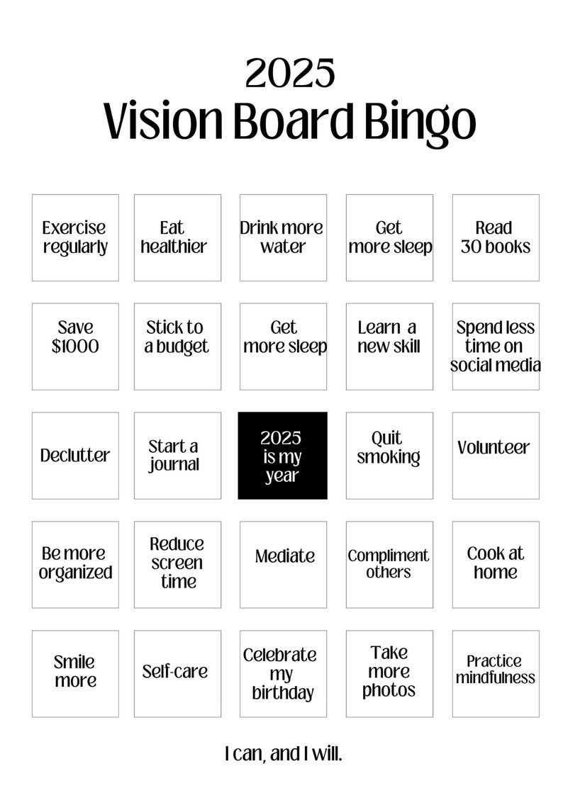 Vision Board Bingo Template Printable 2025 New Year Resolution Tracker ...