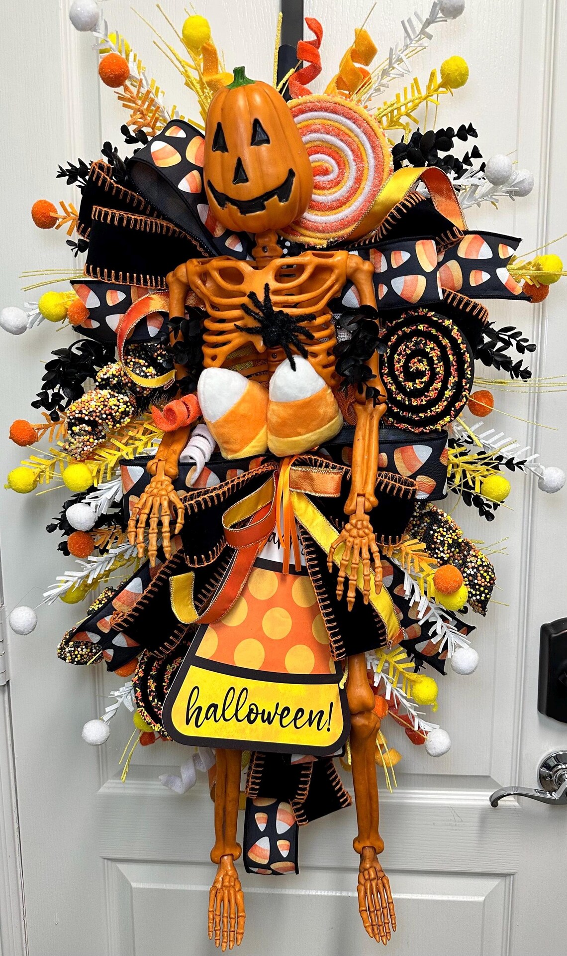 Candy Corn Skeleton Halloween Wreath: Pumpkin Door Hanger, Fall Decor ...