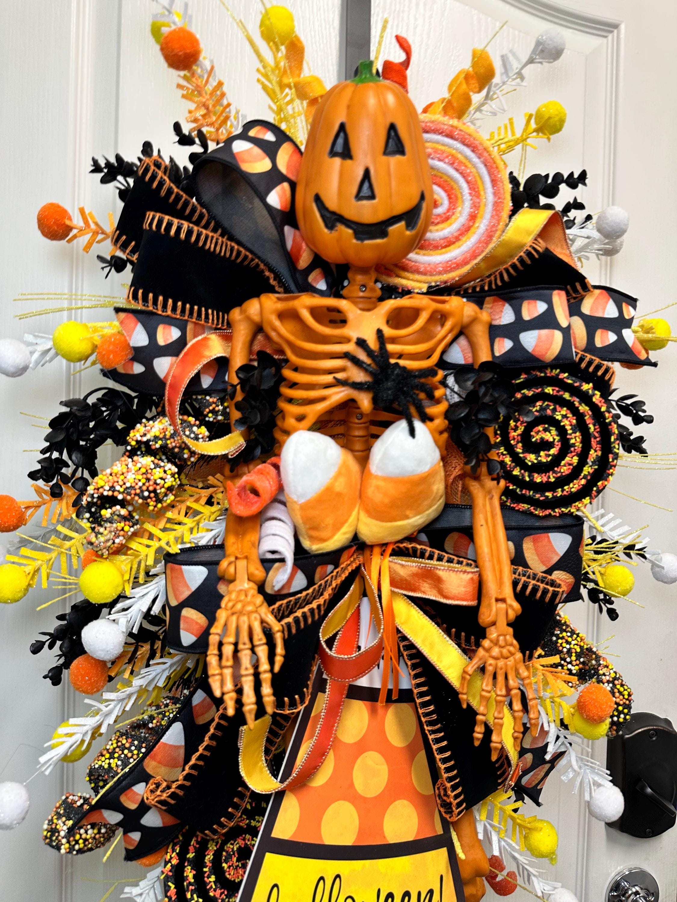 Candy Corn Skeleton Halloween Wreath: Pumpkin Door Hanger, Fall Decor ...