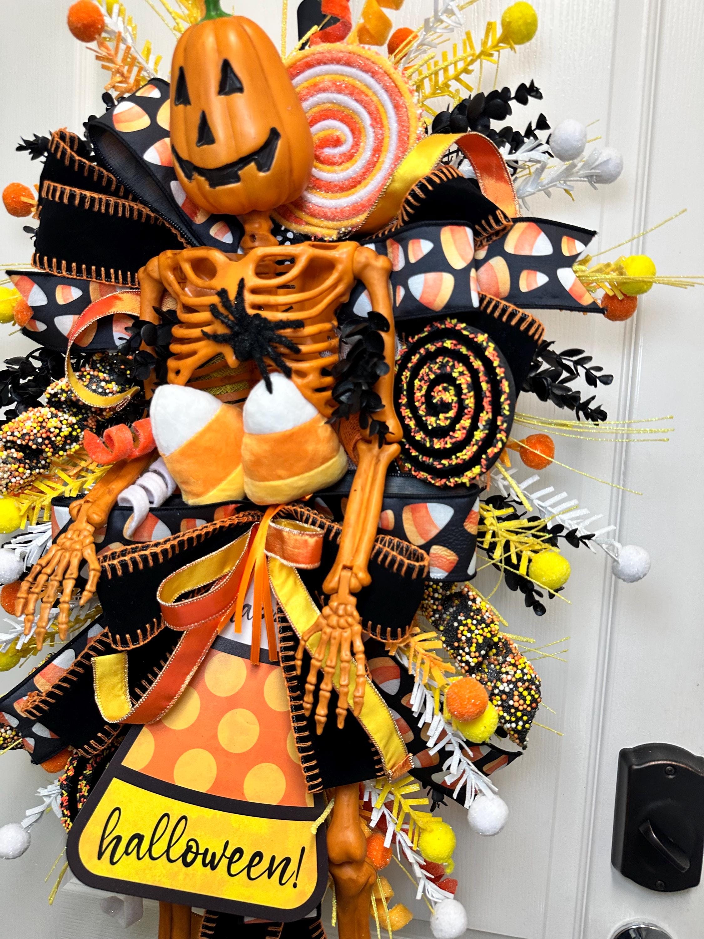 Candy Corn Skeleton Halloween Wreath: Pumpkin Door Hanger, Fall Decor ...