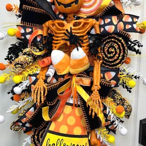 Candy Corn Skeleton Halloween Wreath: Pumpkin Door Hanger, Fall Decor ...
