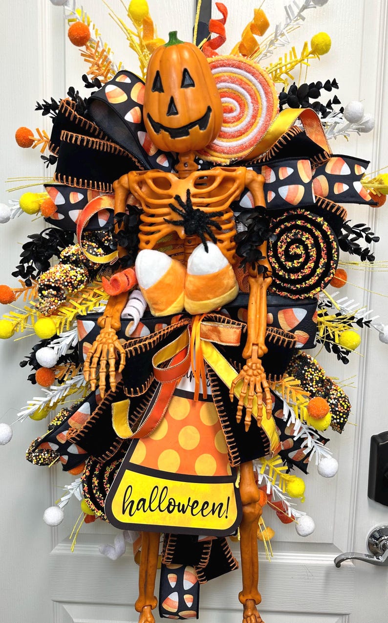 Candy Corn Skeleton Halloween Wreath: Pumpkin Door Hanger, Fall Decor ...