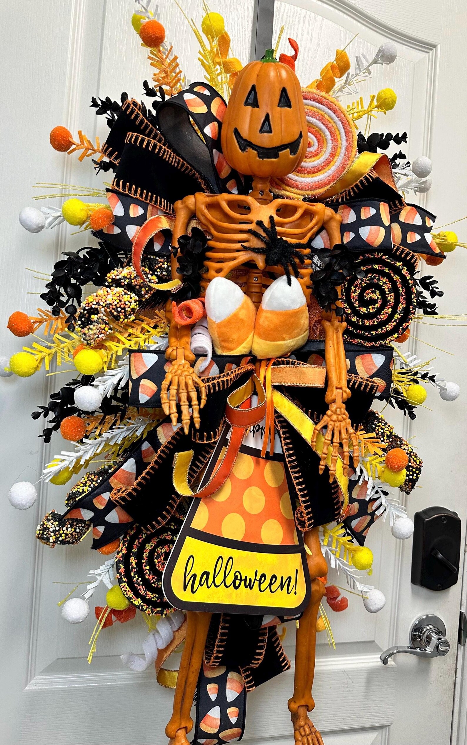 Candy Corn Skeleton Halloween Wreath: Pumpkin Door Hanger, Fall Decor ...