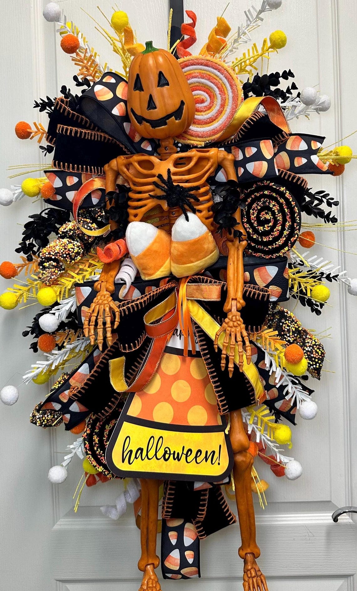 Candy Corn Skeleton Halloween Wreath: Pumpkin Door Hanger, Fall Decor ...