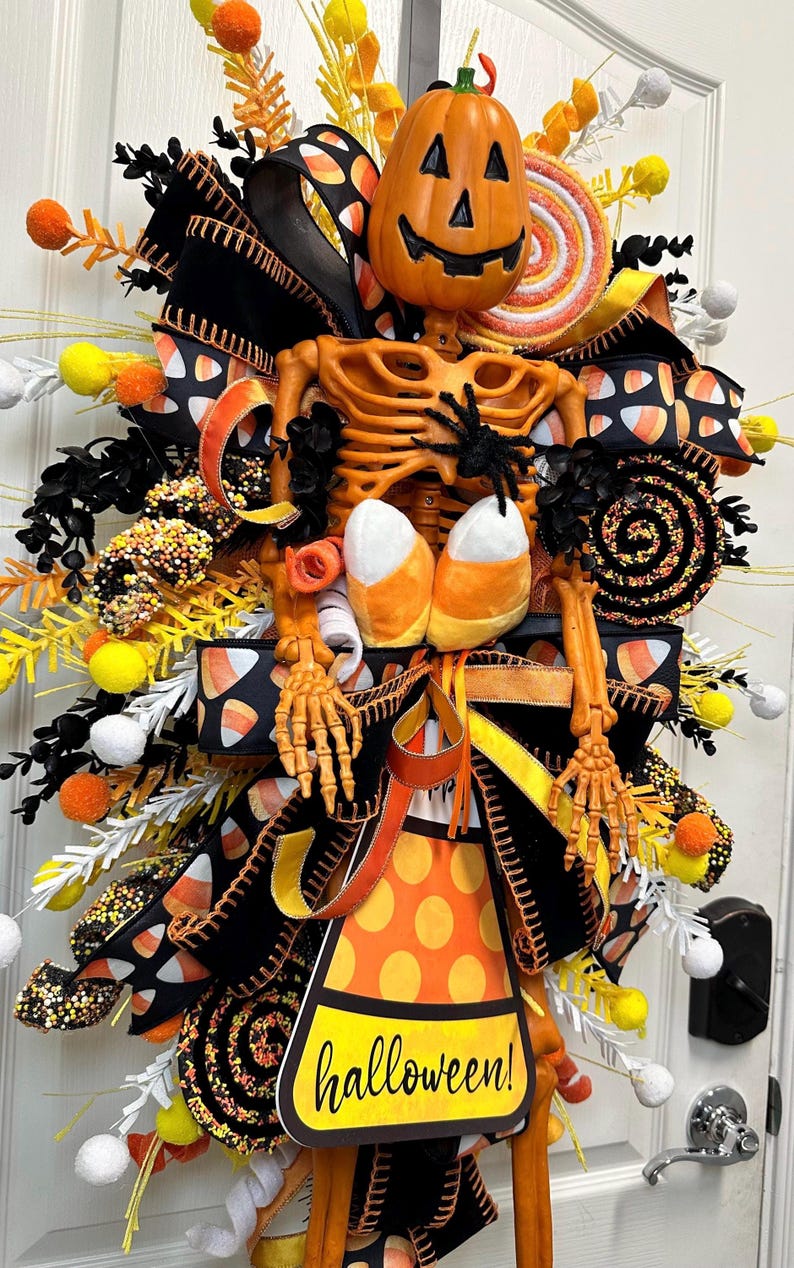 Candy Corn Skeleton Halloween Wreath: Pumpkin Door Hanger, Fall Decor ...