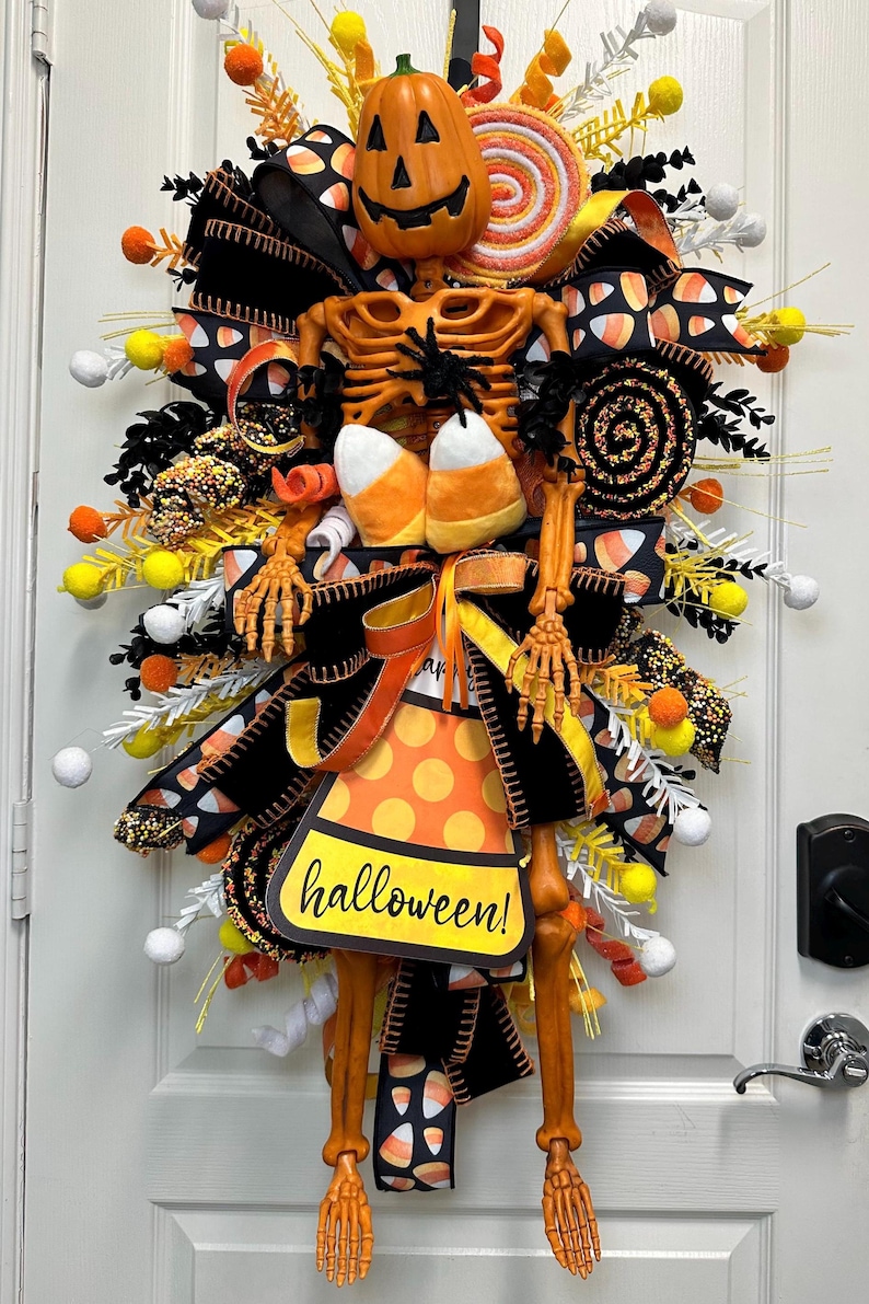 Candy Corn Skeleton Halloween Wreath: Pumpkin Door Hanger, Fall Decor ...
