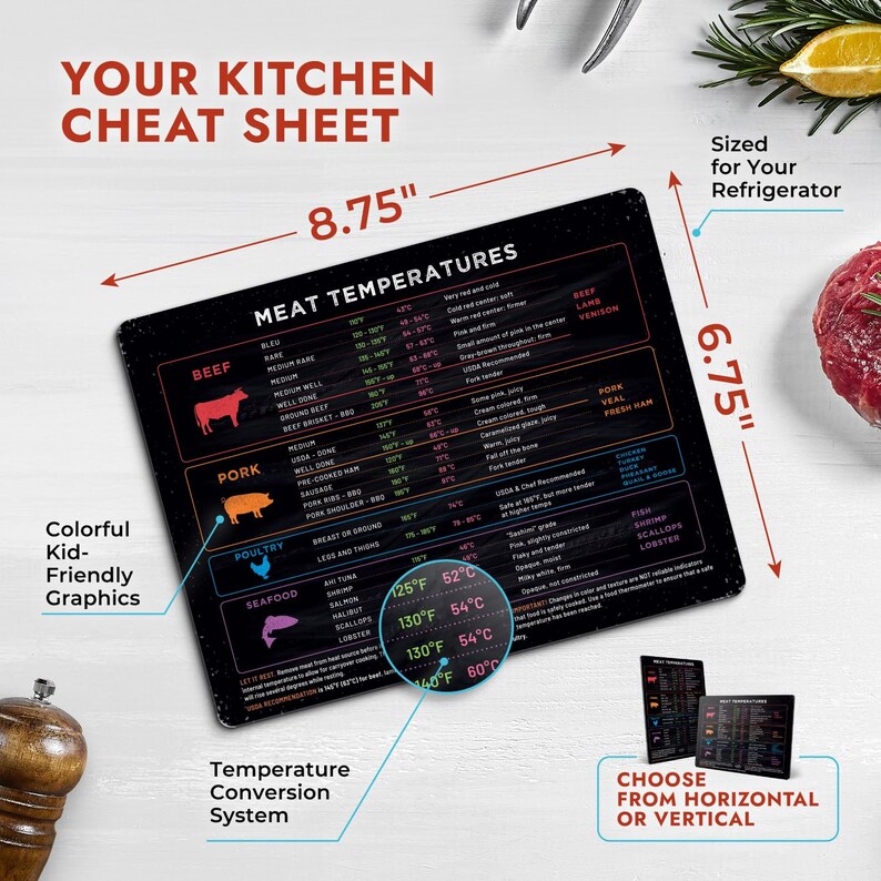 Handmade Meat Temperature Magnet - Beef, Poultry, Fish, Pork Cooking Temperature Chart ...