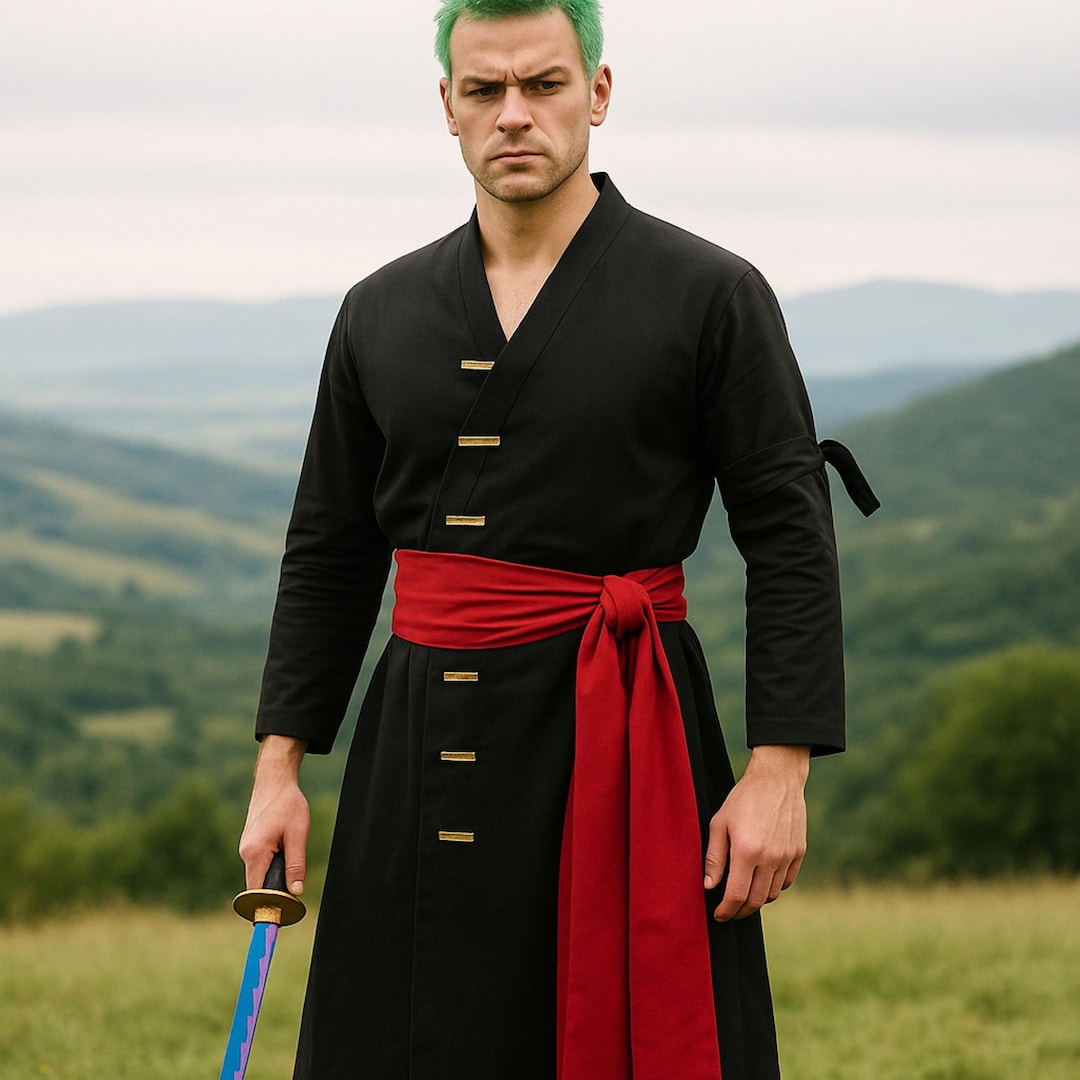 Anime Cosplay Warrior Black Outfit - Green Kimono Swordsman Costume for ...