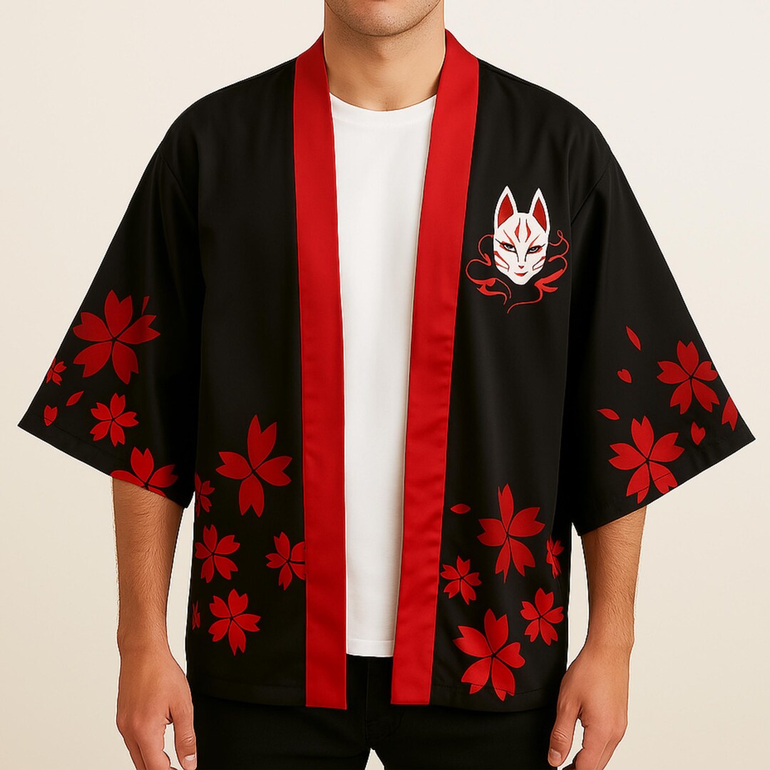 Kitsune Kimono - Japanese Style Fox Art Haori With Red Sakura - Elegant ...