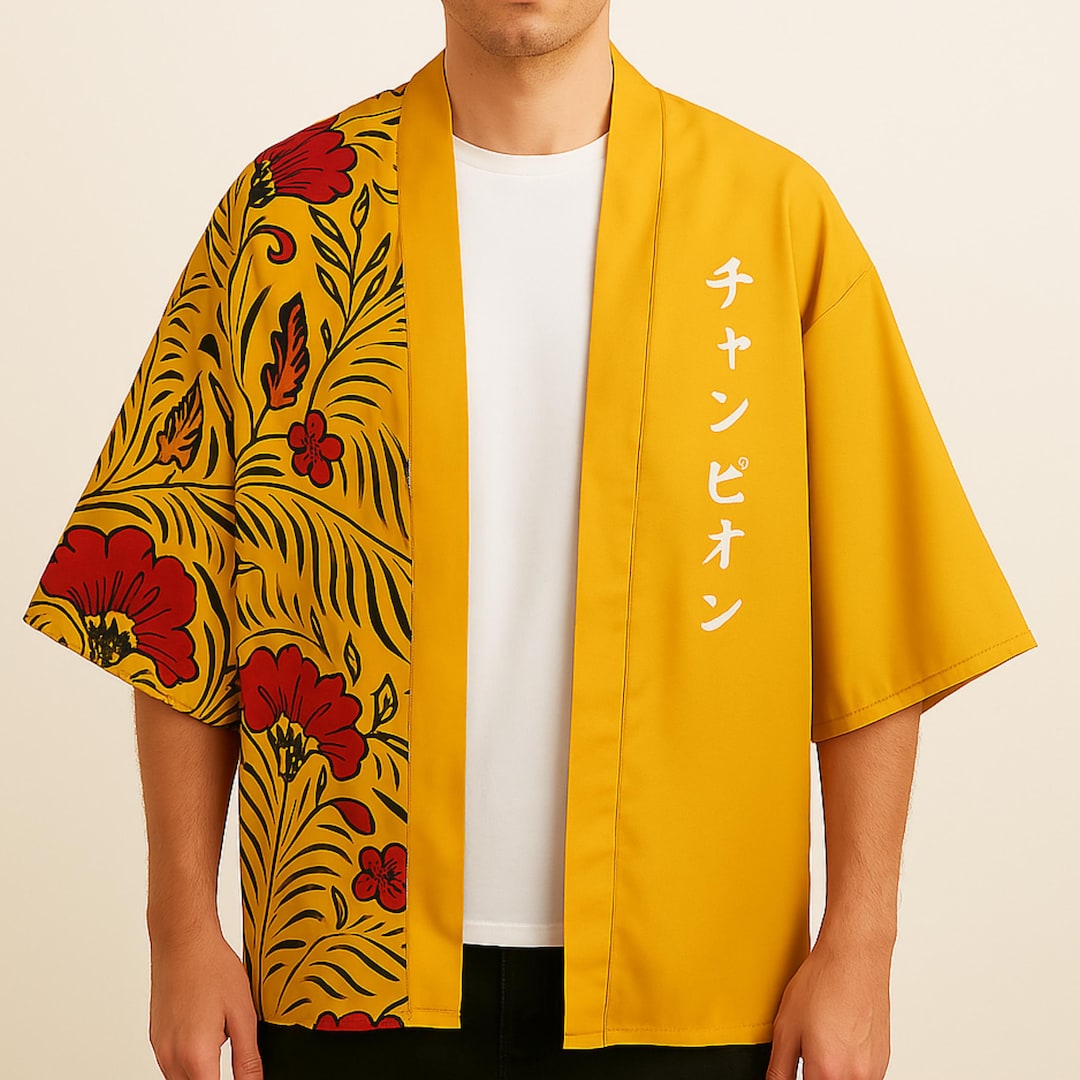 Kimono With Floral Japanese Print – Bold Yellow Haori Jacket With ...