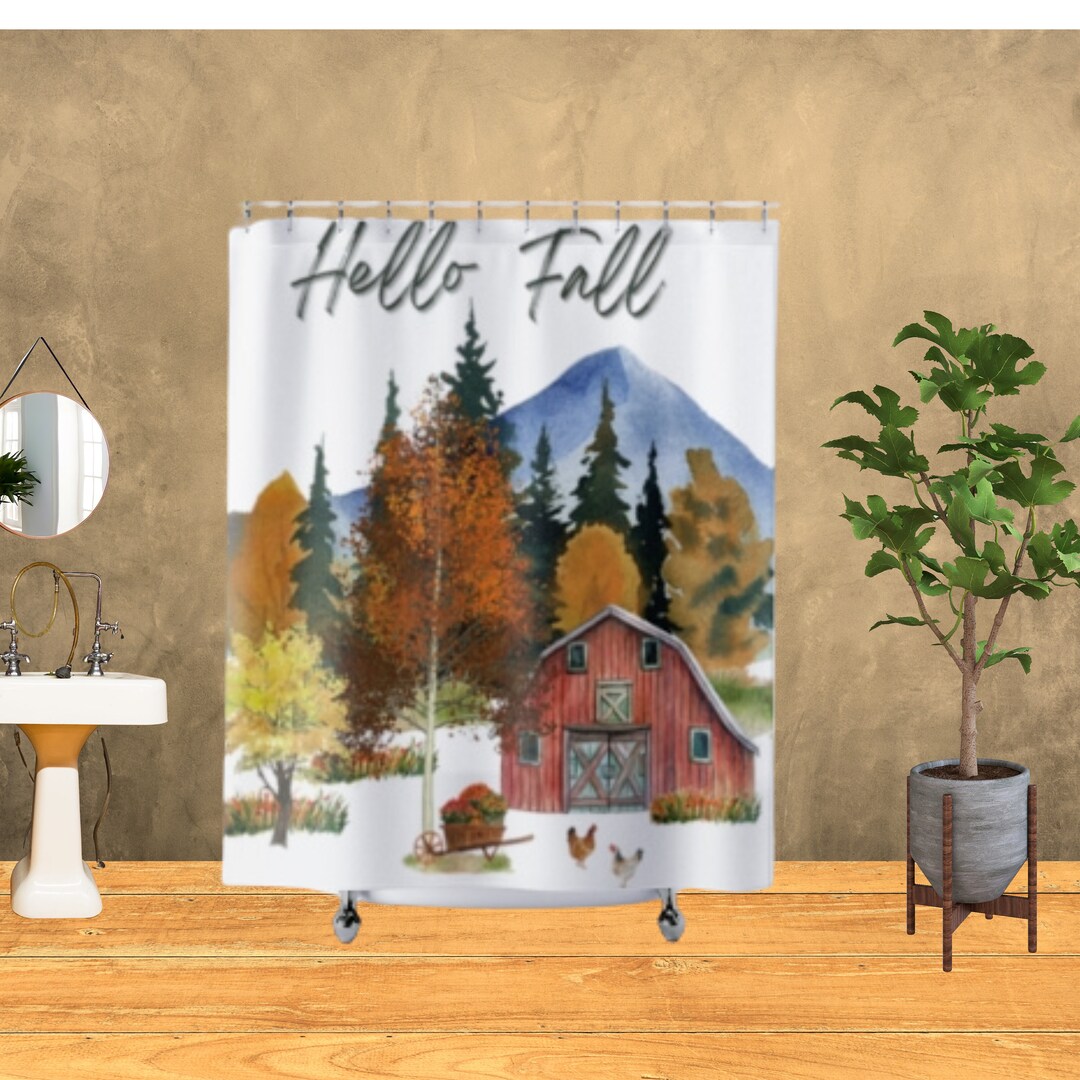 Cottagecore Hello Fall Farmhouse Shower Curtain, Rustic Mountain Ranch ...
