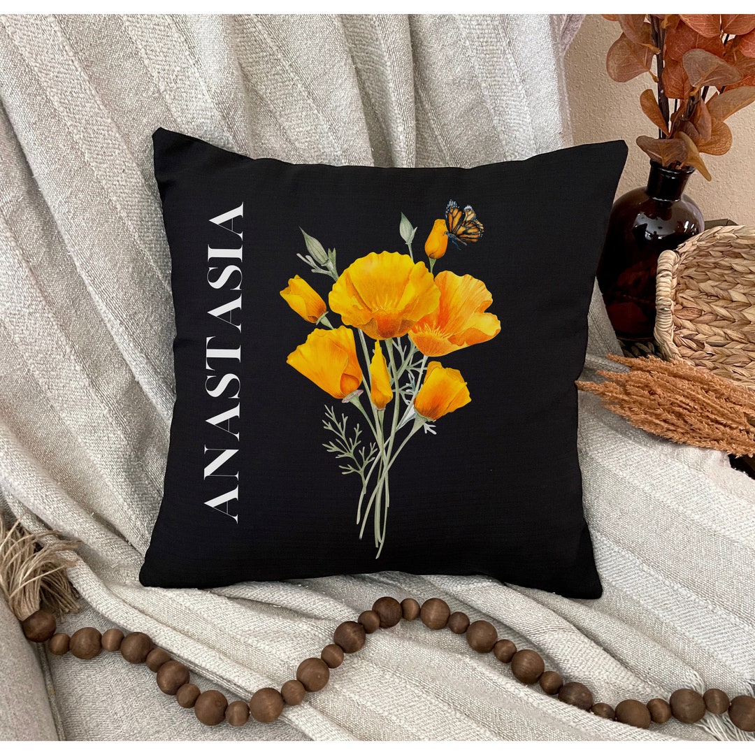 California Poppy Monogram Pillow Wildflower Monogrammed Pillow - Etsy