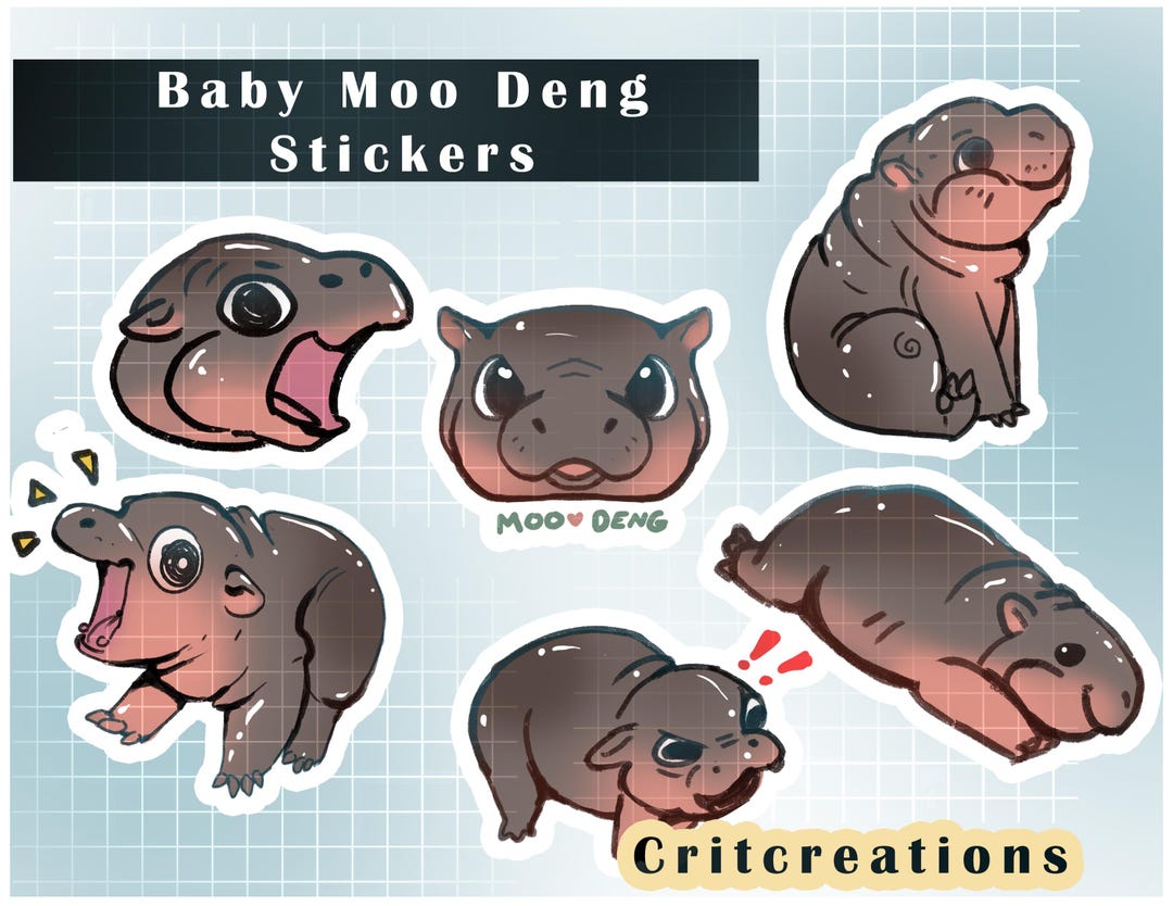 Moo Deng Hippo Vinyl Stickers | Fun Shiny Animal Stickers for Journals ...